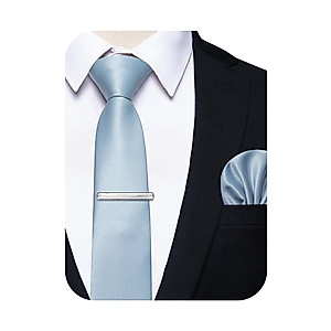 YourTies Mens Ties with Pocket Square Tie Clip Set Solid Satin Sky Blue Skinny Neckties for Men Wedding Party Business