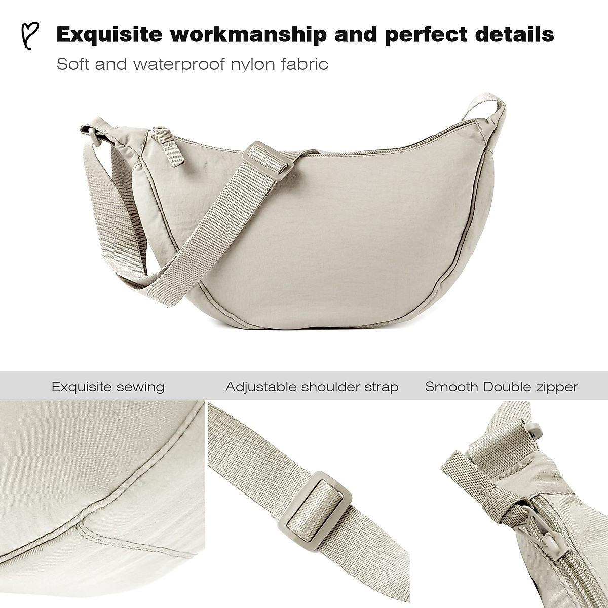 Nylon Crescent Crossbody Bag for Women Men Fanny Pack Crossbody Bag Dumpling Lightweight Travel Sling Bag (02-beige)