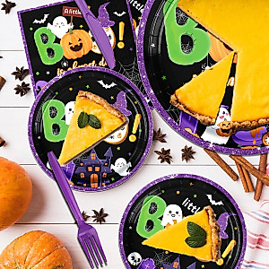 A Little Boo Is Almost Due Decorations-142Pcs Halloween Baby Shower Tableware Black Halloween Boo Plates and Napkins Set A little Baby Shower Party Supplies