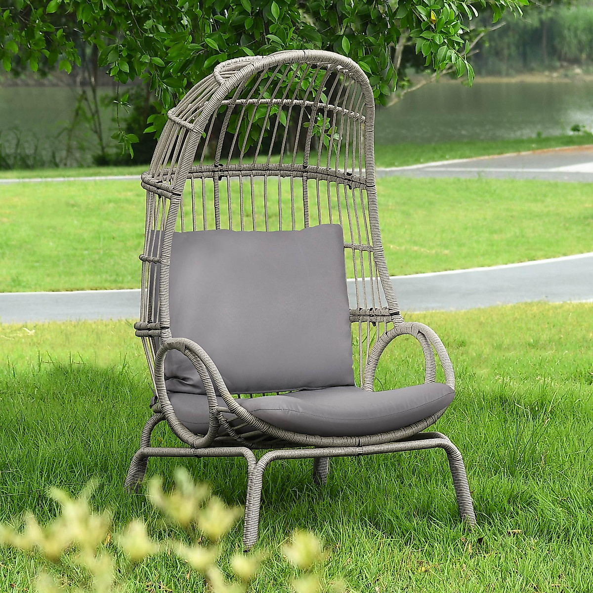 YITAHOME Outdoor Narrow Egg Chair Wicker, Patio Rattan Basket Chair with 370lbs Capacity Indoor Egg Chairs with Stand & Cushion Cocoon Chair for Bedroom, Patio, Balcony - Grey
