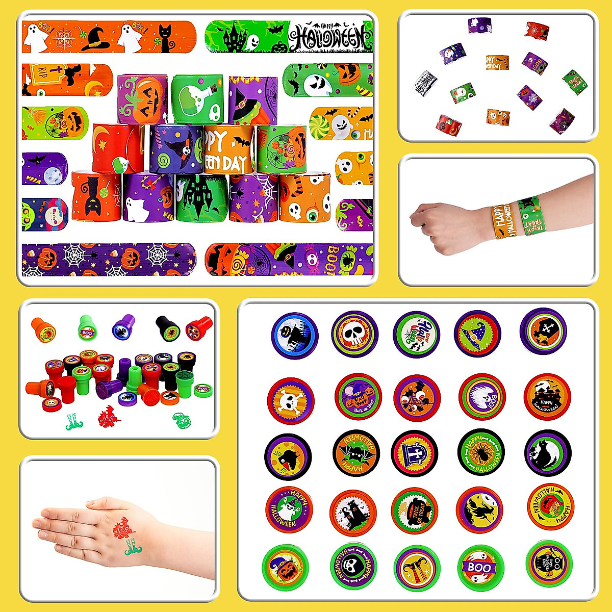 Garma Halloween Party Favors Toys for Kids, 25 Pcs Halloween Assorted Stamps with 12 Pcs Slap Bracelets and 288 Tattoos Halloween Goody Bag Fillers for Classroom Reward Prize Non Candy Party Supplies