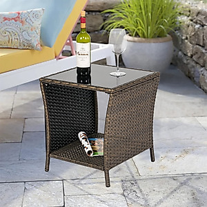 Kinsunny Outdoor Bistro Table PE Wicker Rattan Side Table Square End Table with Glass Top for Backyard Lawn Balcony, Brown