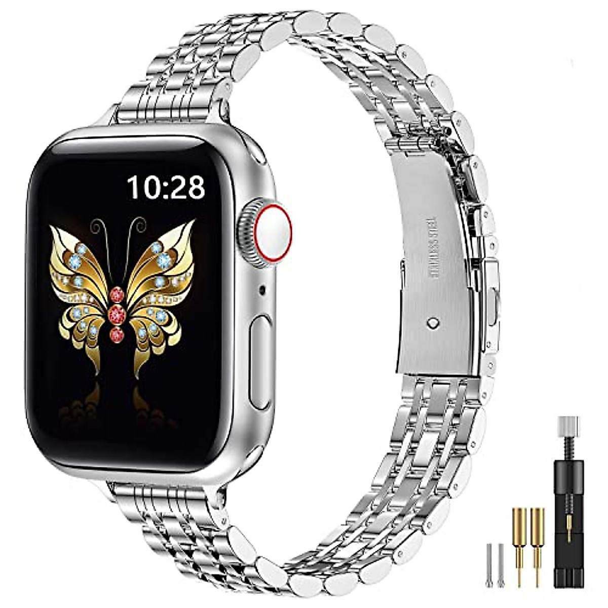 MioHHR Slim Metal Band Compatible with Apple Watch Band 41mm 40mm 38,mm,Dressy Stainless Steel Chain Strap for Women iWatch Bands Series 9 8 7 6 5 4 3 2 1 SE,Silver