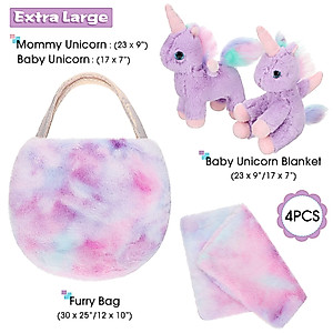 4 Pieces Unicorn Toys for Girls Plush Stuffed Unicorn Toys, XL Furry Bag and Doll Blanket, Adorable Plush Stuffed Animal Toy for Birthday Party Favors (Purple)
