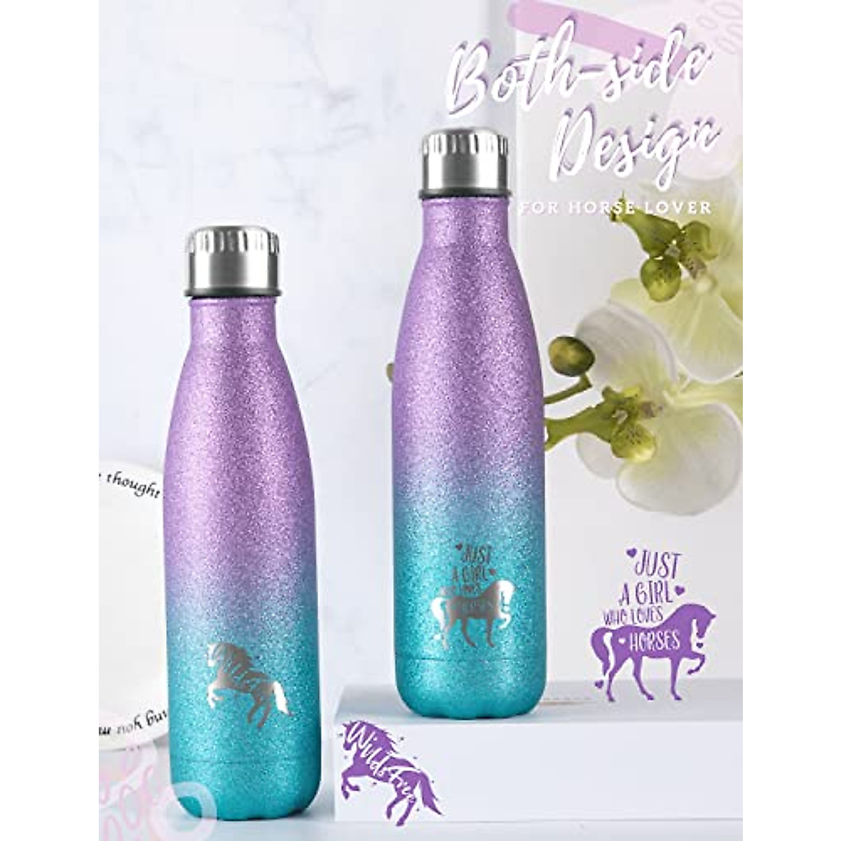 Onebttl Horse Bottle for Girls, Women, Insulated Stainless Steel Water Bottle, for Equestrian, Horse Lovers, Cowgirls, Perfect for Birthday, Back to School, Violet-Blue Gradient Glitter