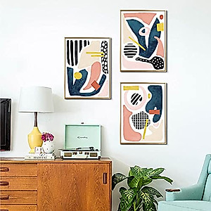 ArtbyHannah Gold Framed Wall Art, Abstract Canvas Wall Art with Geometric Prints, Navy and Pink Modern Wall Art for Bedroom Living Room, 12x16 Inch Set of 3