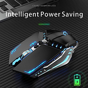 TENMOS T12 Wireless Gaming Mouse Rechargeable, 2.4G Silent Optical Wireless Computer Mice with Changeable LED Light for Laptop PC, 7 Buttons (Black)