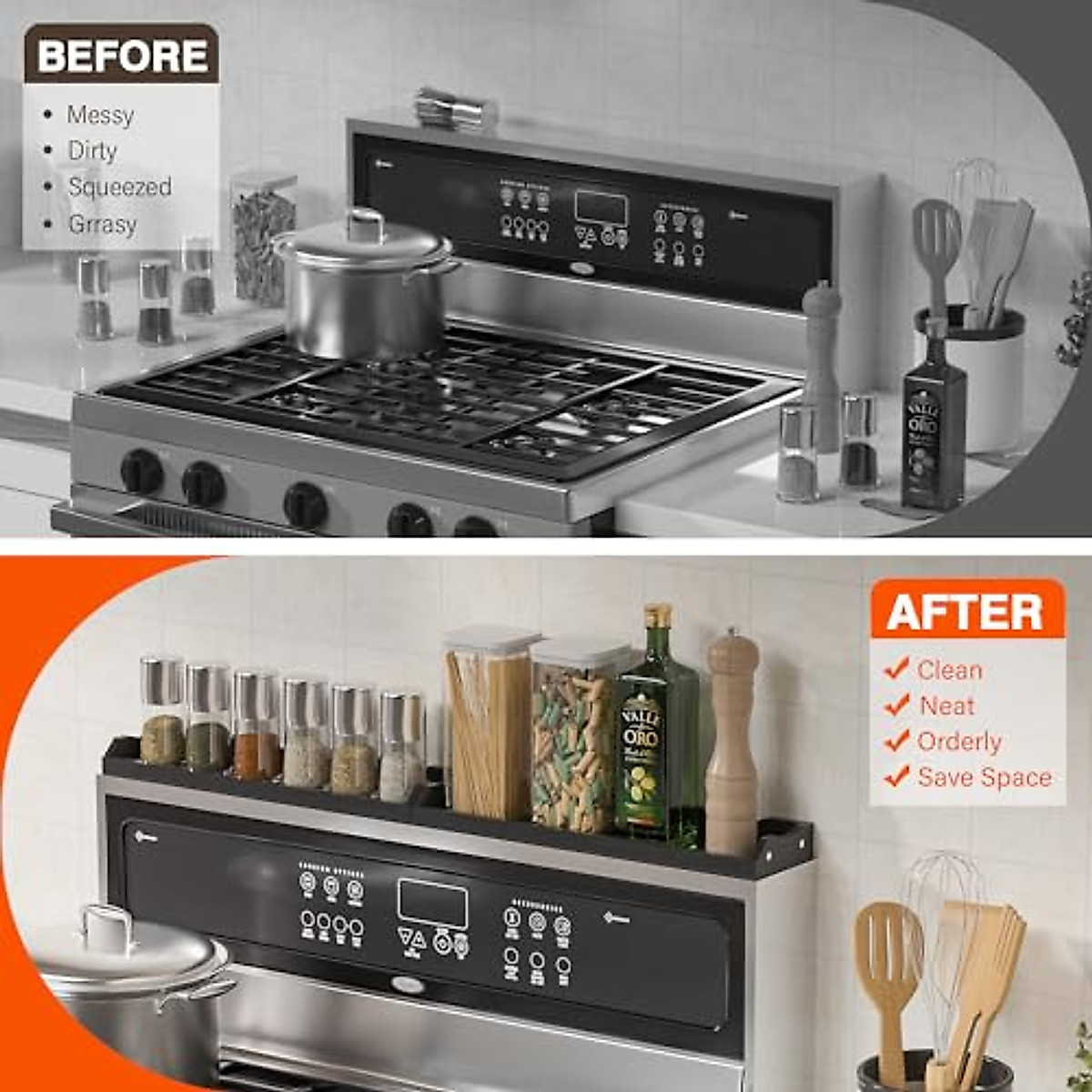 DALSHABET Bamboo Stove Top Magnetic Shelf Rack, Kitchen Organizer Spice Rack Over The Stovetop Shelf with Labels- Black (15"×2 Pieces Up to 30" Length)