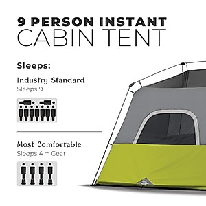 CORE Instant Cabin Tent | Multi Room Tent for Family with Storage Pockets for Camping Accessories | Portable Large Pop Up Tent for 2 Minute Camp Setup | Sleeps 9 People, 14' x 9'