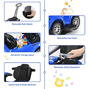 Costzon 3 in 1 Ride on Push Car, Stroller Sliding Walking Car with Horn, Music, Light, Under Seat Storage, Parental Handle, Armrest Guardrails, Ride on Toy for Boys & Girls (Blue)