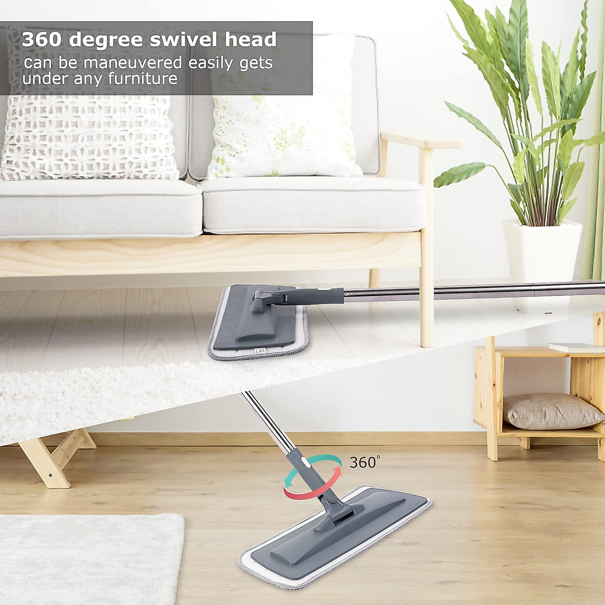 Floor Mop with 4 Washable Pads and Scrubber, Wet Mop with 360 Degree Swivel Head, High-Strength Stainless Steel Metal Rod, Microfiber Mop for Hardwood Laminate Wood Tile Cleaning