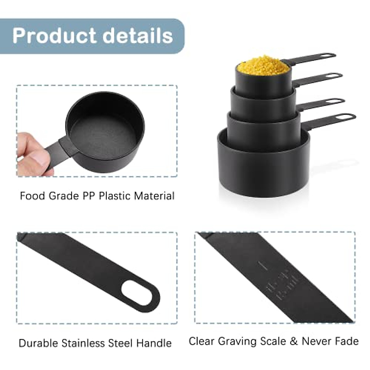 NileHome Measuring Cups and Spoons Set, Plastic Measuring Spoons 8 Piece Includes 4 Measuring Cup Set and 4 Measuring Spoons Set Stackable Stainless Steel Handle Measure Cups for Cooking&Baking, Black