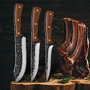 Professional 3 Piece Boning Knife Set, 7" Butcher Knife, 6.5" Meat Cleaver Slicing Knife,5.5" Fillet Knife,High Carbon Steel Hand Forged Chef Knives for Fish, Poultry, Chicken, Kitchen, BBQ Gift