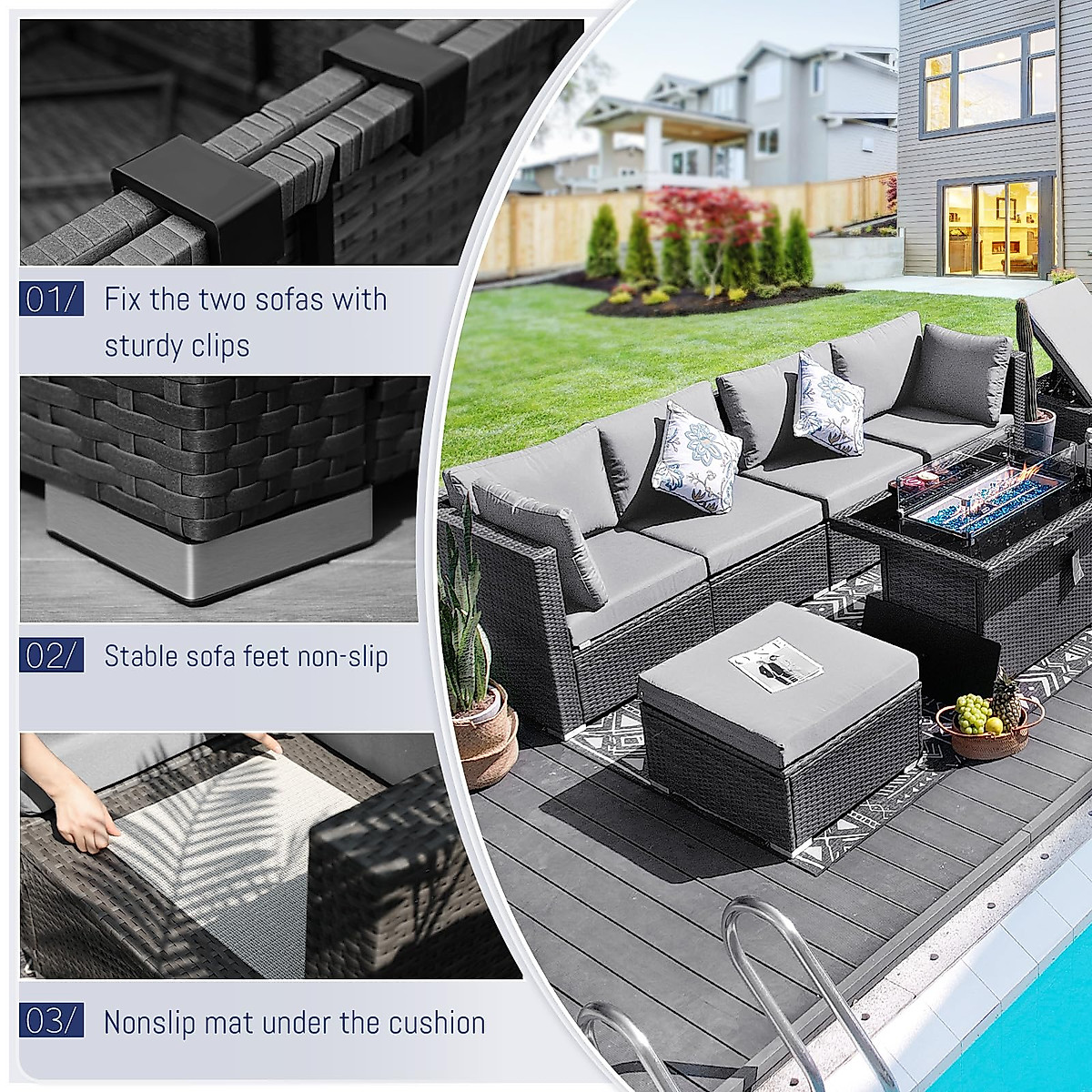 BULEXYARD Grey PE Wicker Patio Furniture Sectional Conversation Sofa Set with 43" Propane/Natural Gas Fire Pit Table, Large Size High Back Outdoor Furniture Set with Fireplace(9Pcs-A, Light Grey)
