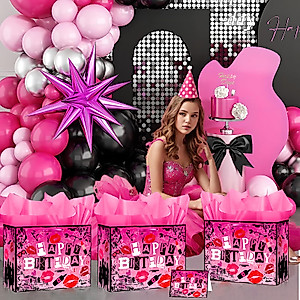 11.8”Large Pink Gift Bag for Girls Birthday, Happy Birthday Gift Bag with Greeting Card Tissue Paper Pink Black Women Birthday Gift Wrapping Paper Bags for Girl Birthday Decorations Party Supplies