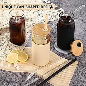20 OZ Glass Cups with Bamboo Lids and Straws - Beer Can Shaped Drinking Glasses with Silicone Protective Sleeve Set, Iced Coffee Glasses, Cute Tumbler Cup for Water, Smoothie, Boba Tea, Gift, 2 Colors