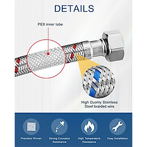 ALEASHA 12 Inch Faucet Supply Lines Stainless Steel Braided Supply Hose for Sink Faucet G1/2" FIP x 3/8" Compression Faucet Connector, cUPC Bathroom Water Hose Replacement Parts 2 PCS