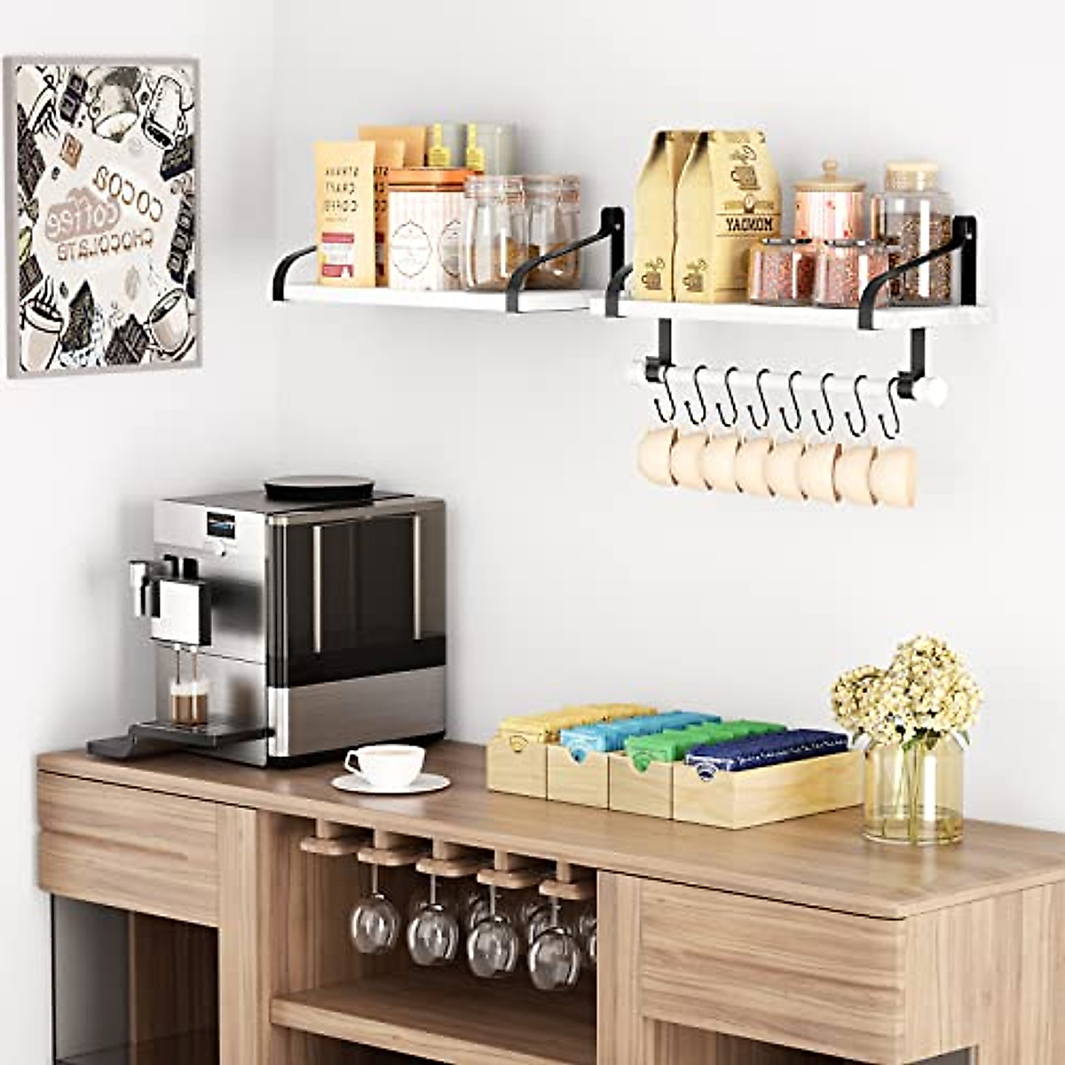 Love-KANKEI Floating Shelves for Coffee Bar,Bathroom Shelves with Wood Bar, Wall Shelves with 8 Hooks for Kitchen, 17.3 Inch Storage Shelves Set of 2 for Bedroom,Living Room，White