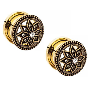 Gold PVD Plated Antiqued Finish Pointed Petal Flower with Clear CZ Crystals Screw Fit Plugs, Sold as a Pair (8mm (0GA))