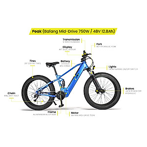 ETEK Peak eBikes for Adults - Bafang MID-Drive 750W Electric Mountain Bikes - 26" CST Fat Tires & Dual Shock Absorber Electric Bike with 48V 14Ah Battery - 9 Speed Bicycle - APT 860C LCD