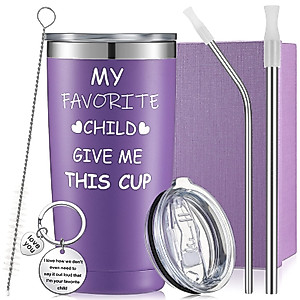 Panitay 7 Pcs Funny Mother's Day Gifts for Mom 20 oz My Favorite Child Give Me Travel Tumbler with Lid Straw Brush Inspirational Mother Keychain Gift Box from Daughter Son (Purple)