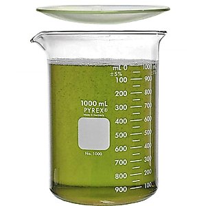 Corning Pyrex 1000-1L, 1000ml Glass Beaker with Corning Pyrex 9985-125, 125mm Watch Glass, Low Form Griffin, Double Scale (Single)