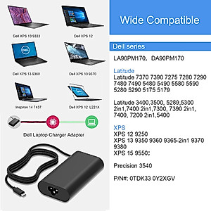 Mackertop Replacement 90W USB C Adapter Charger Compatible with Dell Latitude 11 5175, Latitude 11 5179, Latitude 12 7275, Latitude 13 7370, Dell XPS 12 9250, LA90PM170 0TDK33 TDK3