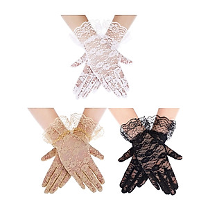 Skylety 3 Pairs Women Lace Floral Gloves Elegant Short Lace Gloves Ladies Tea Party Gloves for Opera Wedding Diner Party(Black, White, Beige)
