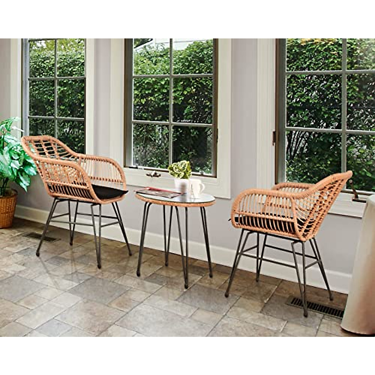 MOOWIND 3 Piece Patio Conversation Bistro Set Outdoor Modern Wicker Rattan Set for Porch Backyard Pool Black