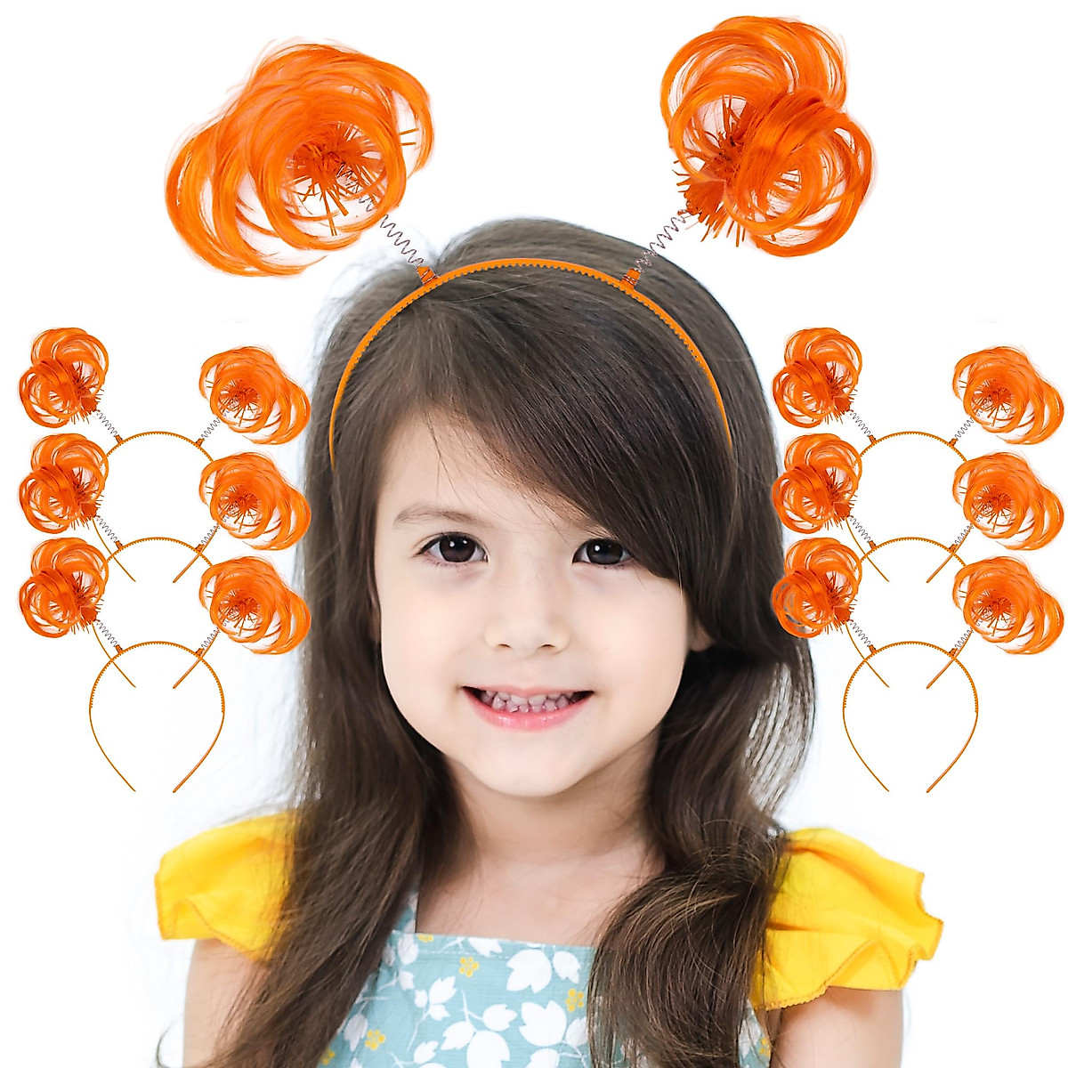 ArtCreativity Orange Ponytail Headbands for Kids - Set of 6 Head Boppers - Cute Tinsel Headband for Girls with Bopper Springs - Adorable Orange Party Favor Accessories - Pom Pom Headbands for Women