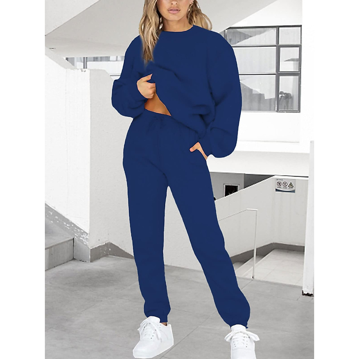 KANSOON Women Sweatsuits Sets Two Piece Outfits Long Sleeve Round Neck Top Sweatpants Tracksuits Sets Loungewear Blue M