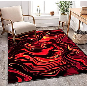 Modern Abstract Red Marble Area Rugs for Living Room Kitchen Bedroom Abstract Flame Fire Red Yellow Black Marble Background Wave Swirl Bathroom Rugs Stain Resistant Carpet Mat Pad Home Decor