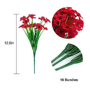 SOFYOURS 16 Bundles Artificial Flowers Outdoor UV Resistant Fake Flowers No Fade Plastic Plants Garden Porch Window Box (Red)