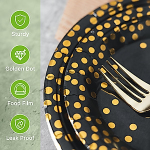 Lullaby 120PCS Black Paper Plates, Black and Gold Paper Plates, 60pcs Dinner Plates 9"，60pcs Dessert Plates 7", Disposable Graduation Plates with Golden Dot for Birthday party, Halloween