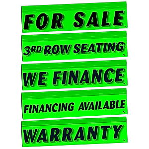 Versa Tags Windshield Slogan Stickers 12 Pack Each of for Sale, 3RD Row Seating, WE Finance, FINANCING Available, Warranty (60) Window Stickers Total Dealership Stickers Black On Green
