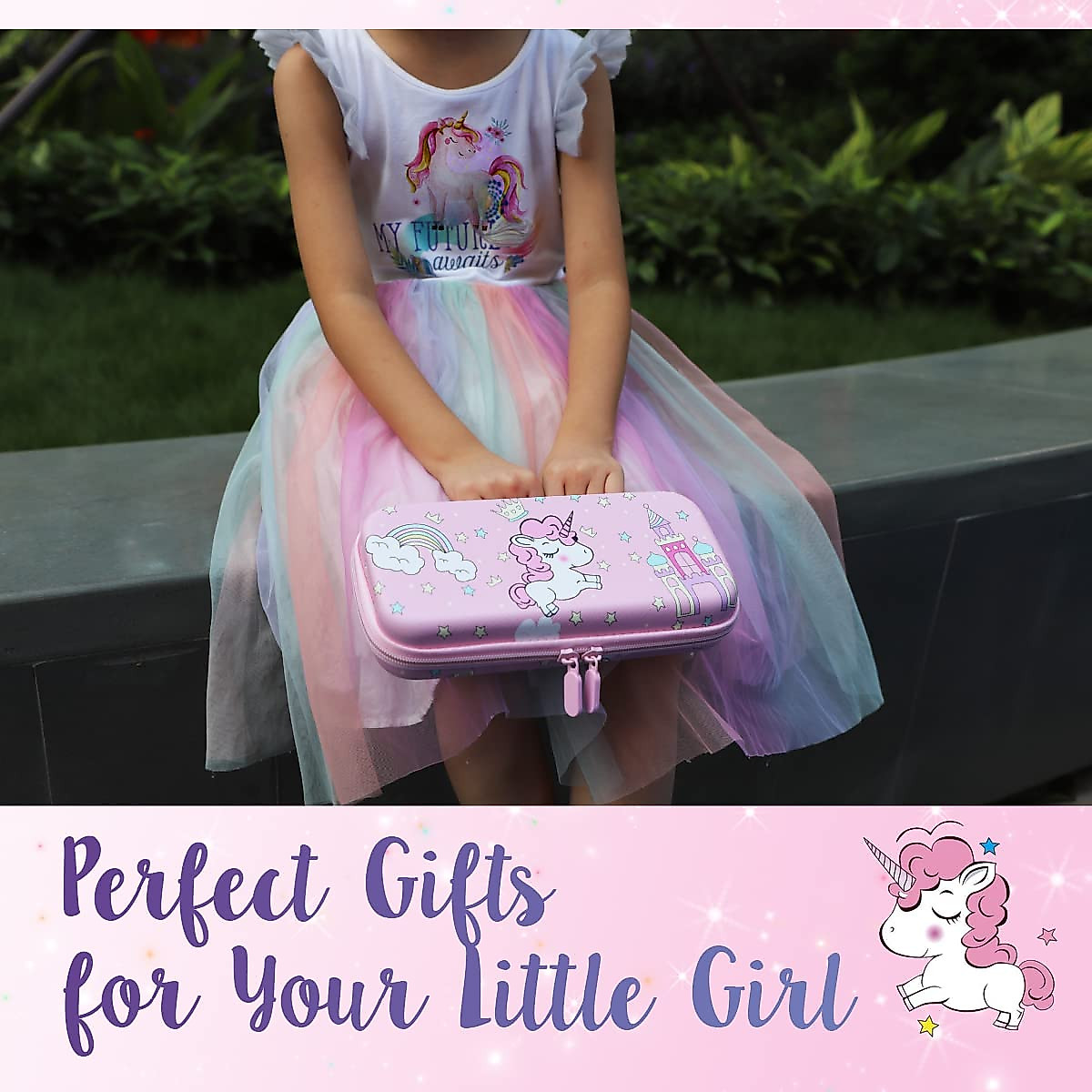 Pink Unicorn Carrying Case Compatible with Nintendo Switch Lite with Crystal Glitter Soft Protective Case Cover+Screen Protector+Stickers, Hard Storage Case Accessories Kit for Girls Birthday Gift