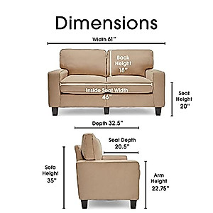 Serta Palisades Upholstered Sofas for Living Room Modern Design Couch, Straight Arms, Soft Fabric Upholstery, Tool-Free Assembly, 61" Loveseat, Sand Beige