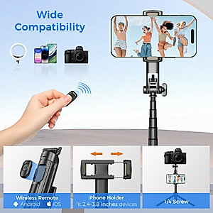 Selfie Stick Travel Tripod for Cell Phone with Remote Control and Phone Holder, Extendable Selfie Stick for iPhone, iPhone Tripod for Video Recording, 50 Inch, Black