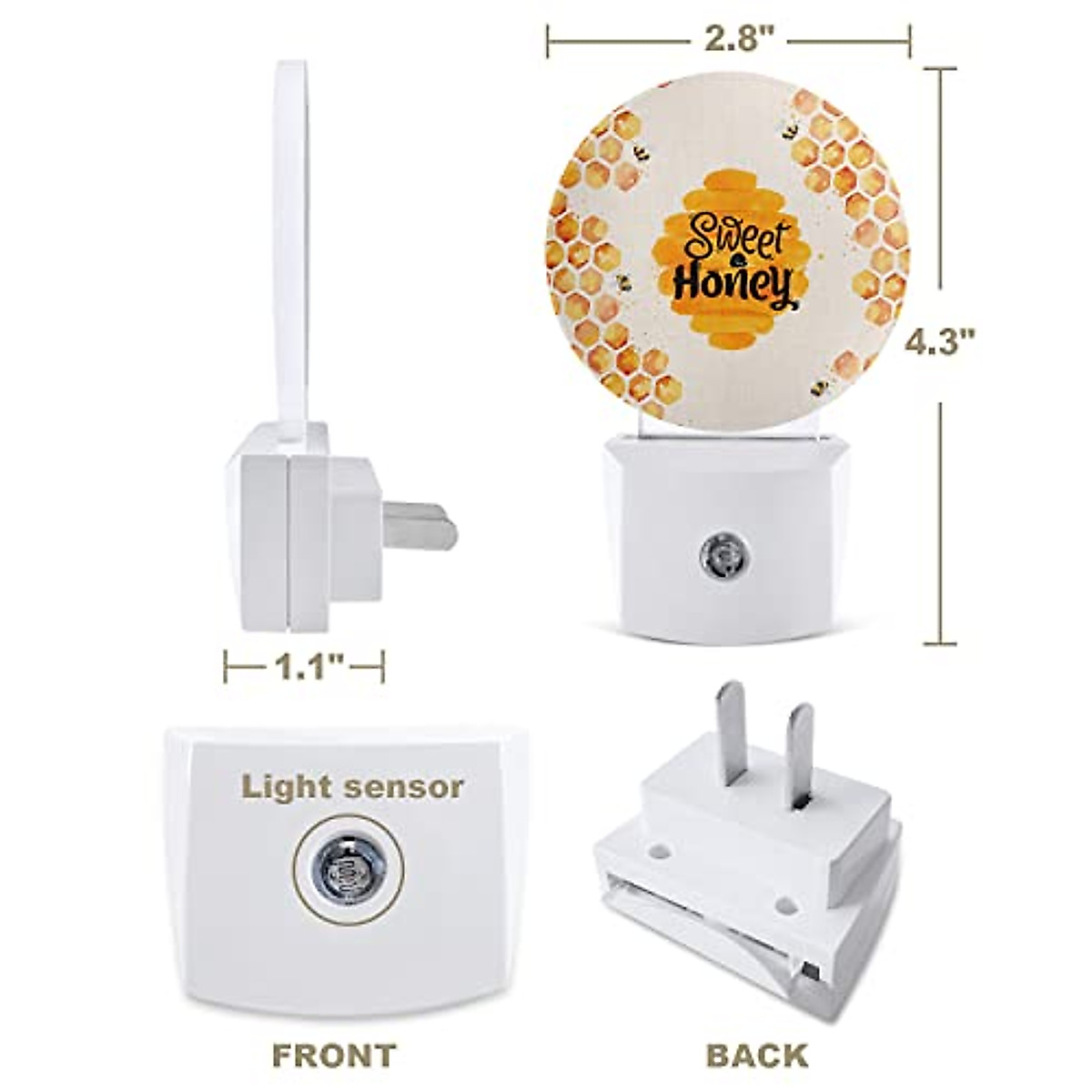 ILYBEEN Farm Sweet Honey Bee with Honeycomb LED Night Lights Plug-in Nightlight with Auto Dusk to Dawn Sensor, Hexagon on Burlap Cotton Round Lamp for Bedroom,Hallway,Bathroom