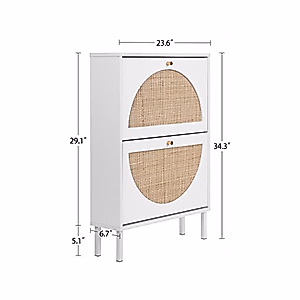 Natural Rattan Shoe Cabinet with 2 Flip Drawers, Entrance Hallway Slim Entryway Shoe Organizer, White Shoe Rack Storage Cabinet for Modern Heels, Boots, Slippers