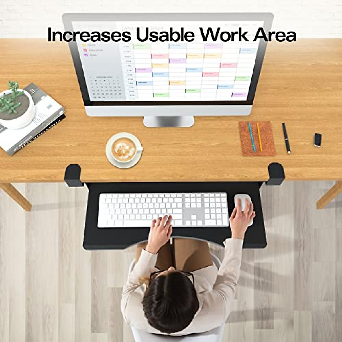 Ergonomic Under Desk Keyboard Tray with Curved Design, C-Clamp Mount, Smooth Sliding Rails, and Durable Steel Construction for Comfortable and Efficient Workstation