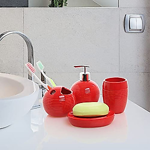 MyGift 4 Piece Modern Red Ceramic Bathroom Accessory Set with Ribbed Design, Includes Lotion/Liquid Soap Dispenser Pump, Toothbrush Holder, Tumbler, and Soap Dish