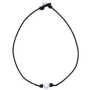 Single Cultured Freshwater Pearl Necklace Choker for Women Genuine Leather Jewelry Handmade 15'' Black