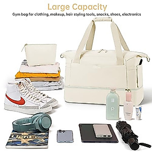 Weekender Bag for Women, Travel Bag with Shoe Compartment & USB Charging Port, Gym Bag with Wet Compartment, Overnight Duffel Bag Hospital Bag for Women Travel Sports Shopping (Off White)