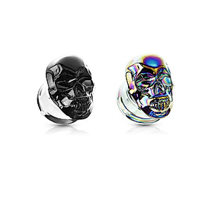 Pierced Owl Pyrex Glass Skull Head Shaped Double Flared Plug Gauges, Sold as a Pair (Black, 10mm (00GA))