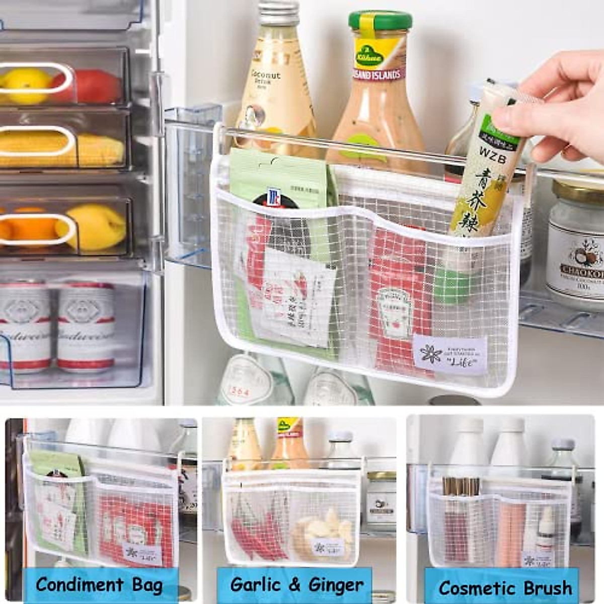 ThreeFourIU Refrigerator Door Organizer Set, Fridge Hanging Mesh Bag for Kitchen Storage Bag, Household Sundries Sorting Bag Used to Refrigerator Side Door, Only for Small Objects Containers, 4 Packs