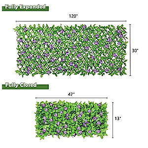 Betterhood Expandable Fence Privacy Screen, 4 Pack Decorative Faux Ivy Greenery Fencing Panel for Balcony Patio Outdoor, Artificial Hedges Screen, Purple Flower (Single Sided Leaves)