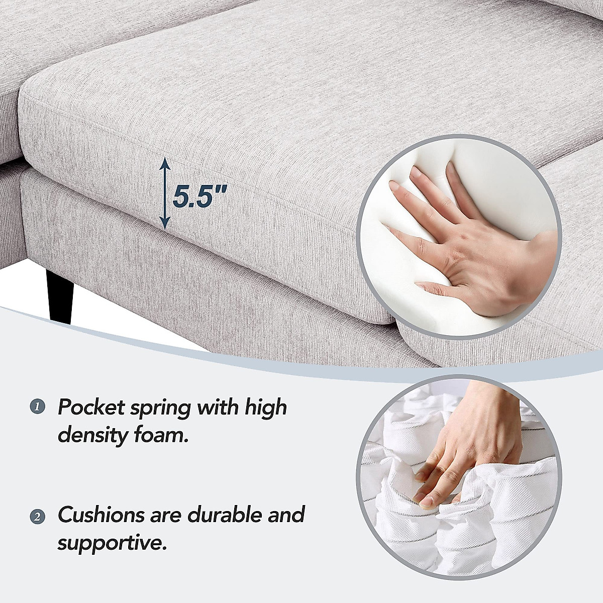 POCIYIHOME 86" Convertible Sectional 2 Pillows, Modern Chenille L-Shaped Couch with Reversible Chaise Lounge, 3-Seater Sofa, Fit for Living Room,Office,Apartment, Polyester, Beige