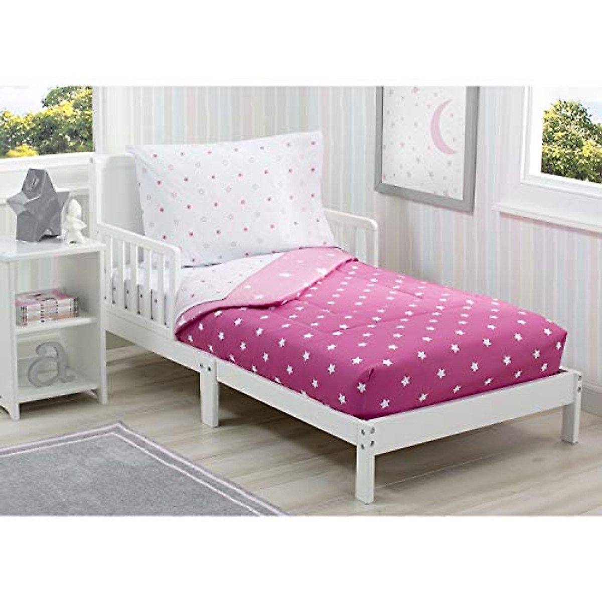 Delta Children 4 Piece Toddler Bedding Set for Girls - Reversible 2-in-1 Comforter - Includes Fitted Comforter to Keep Little Ones Snug, Bottom Sheet, Top Sheet, Pillow Case - Pink Blushing Star
