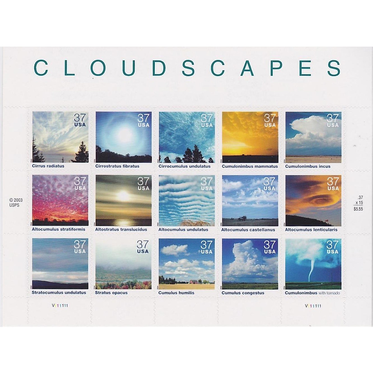 Cloudscapes, Full Pane of 15 x 37-Cent Postage Stamps, USA 2004, Scott 3878